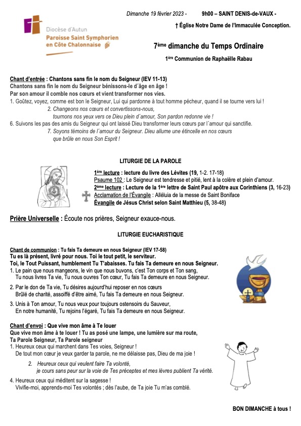 Feuille de chants du 19 février 2023 à Saint Denis de Vaux