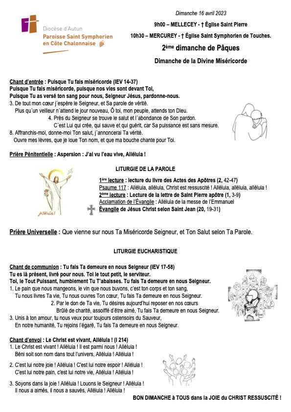 Feuille de chants du 16 avril 2023